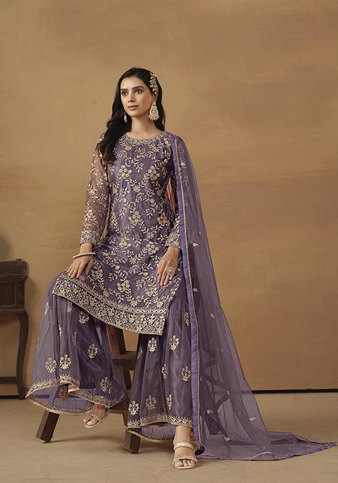 Buy Women Purple Embroidered Net Kurta Set - XPK00399 - Plus Size Kurta ...