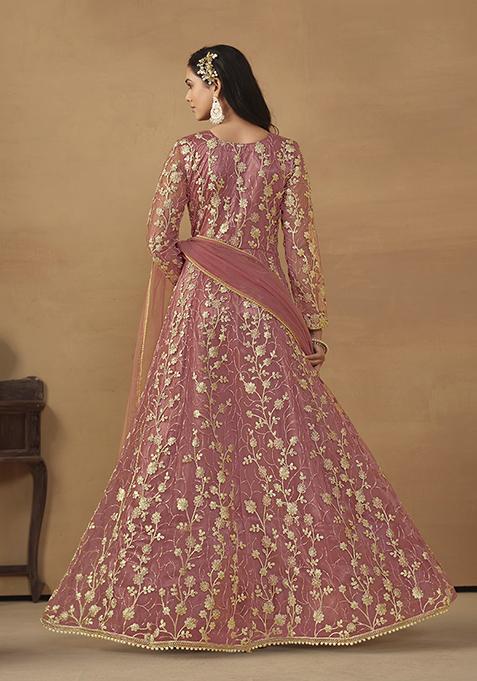 Buy Women Pink Embroidered Net Anarkali Set - XPK00509 - Kurta Set4 - Indya