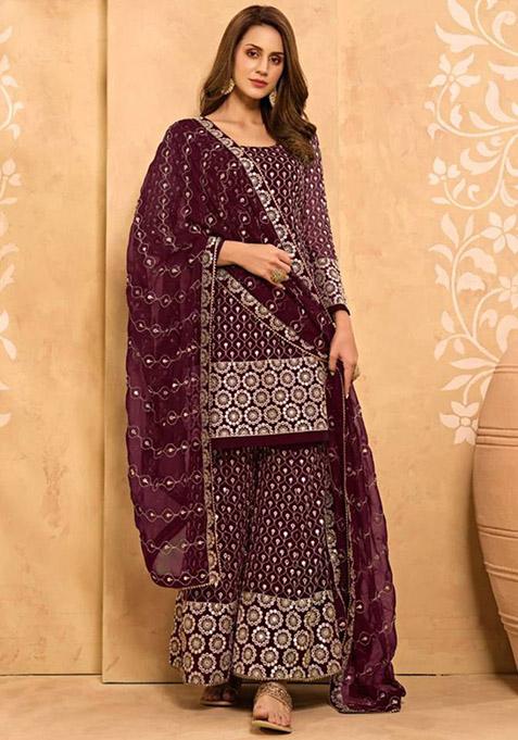 Buy Women Wine Embroidered Georgette Kurta Set - XPK01051 - Plus Size ...