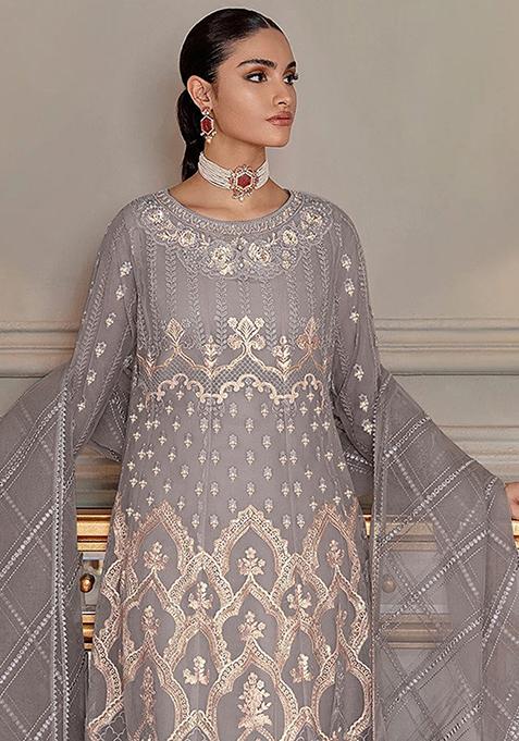 Buy Women Light Grey Embroidered Net Kurta Set - XPK01126 - Plus Size ...