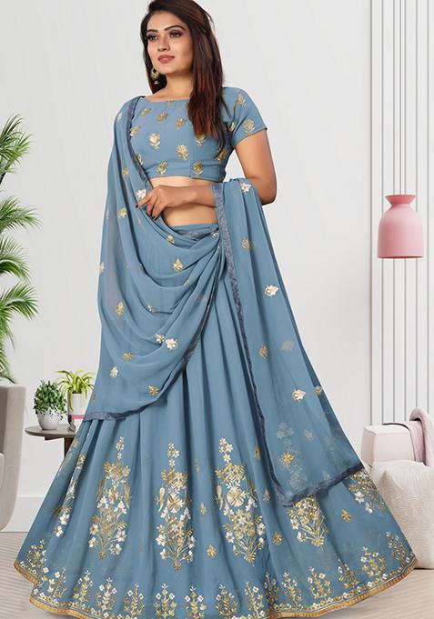 Buy Women Grey Embroidered Georgette Lehenga Set - XPL00362 - Light ...