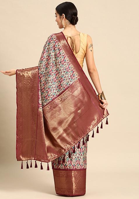 Buy Women Off White Digital Print Kanchipuram Pattu Silk Saree With ...