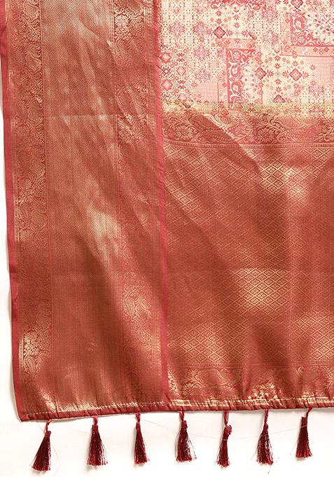 Buy Women Maroon Digital Print Kanchipuram Pattu Silk Saree With Blouse ...
