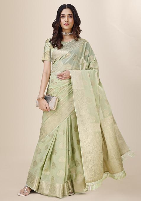 Buy Women Light Green Shimmer Chiffon Fusion Saree With Blouse ...