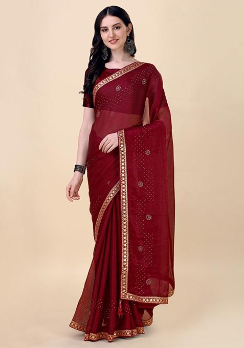 Buy Women Maroon Swarovski Bead Work Saree With Blouse - XSR00825 ...
