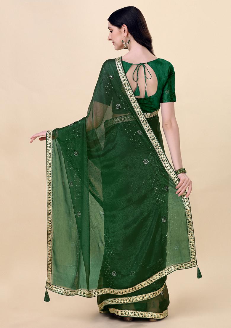 Buy Women Green Swarovski Bead Work Saree With Blouse - Saree Sets - Indya