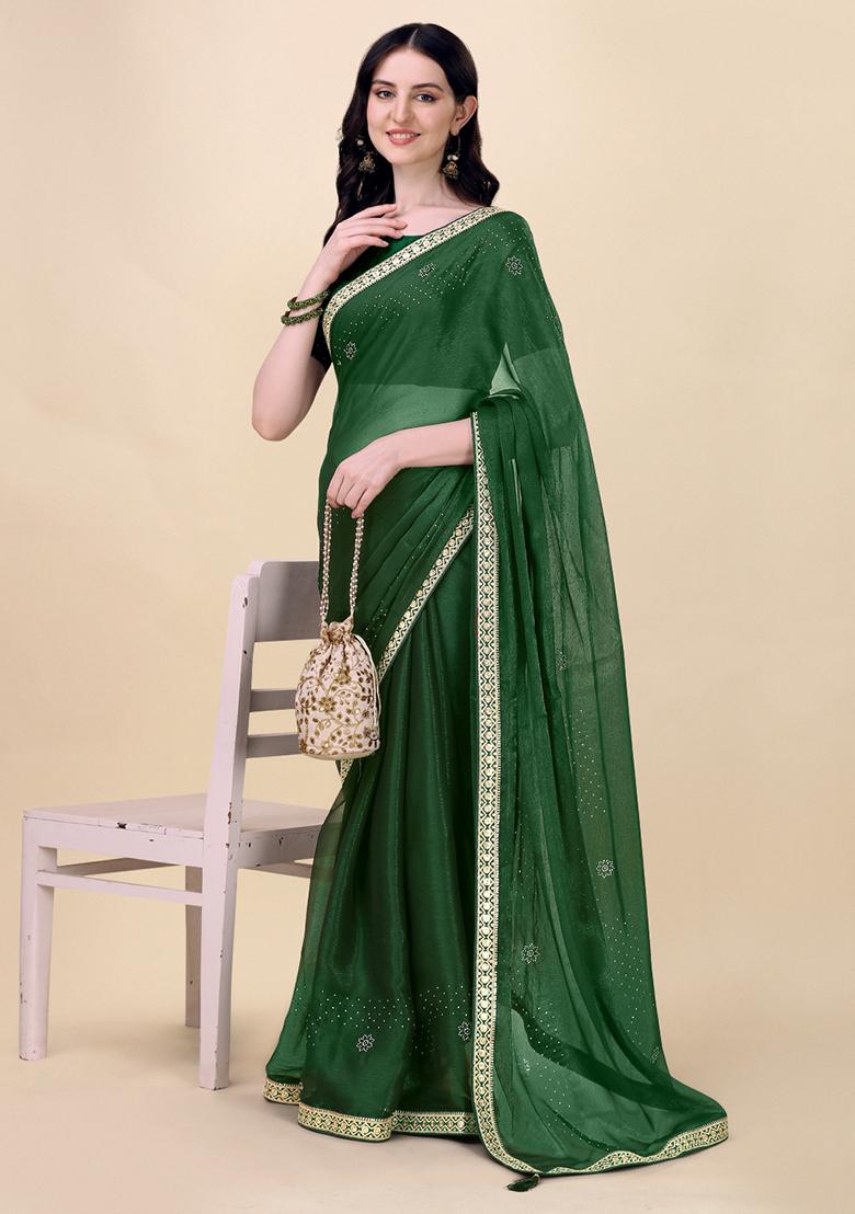 Buy Women Green Swarovski Bead Work Saree With Blouse - Saree Sets - Indya