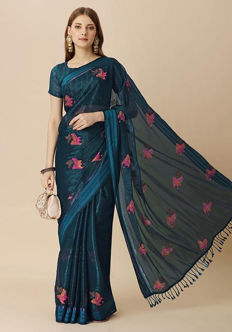 Buy Women Dark Blue Boota Stone Embroidered Chiffon Shimmer Patta Saree ...