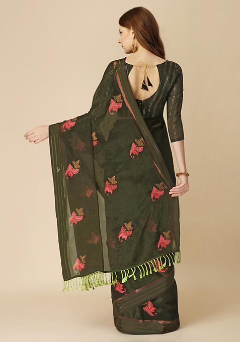 Buy Women Mehandi Green Boota Stone Embroidered Chiffon Shimmer Patta ...