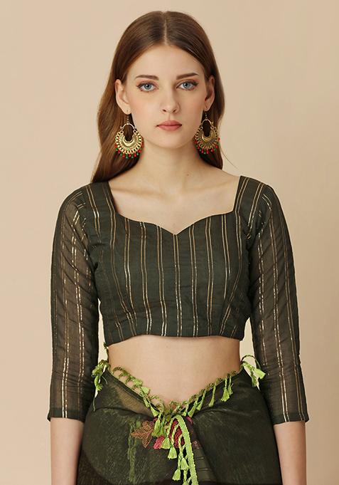 Buy Women Mehandi Green Boota Stone Embroidered Chiffon Shimmer Patta ...