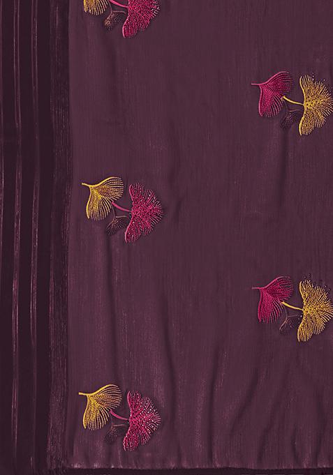 Buy Women Burgundy Boota Embroidered Chiffon Shimmer Patta Saree With ...