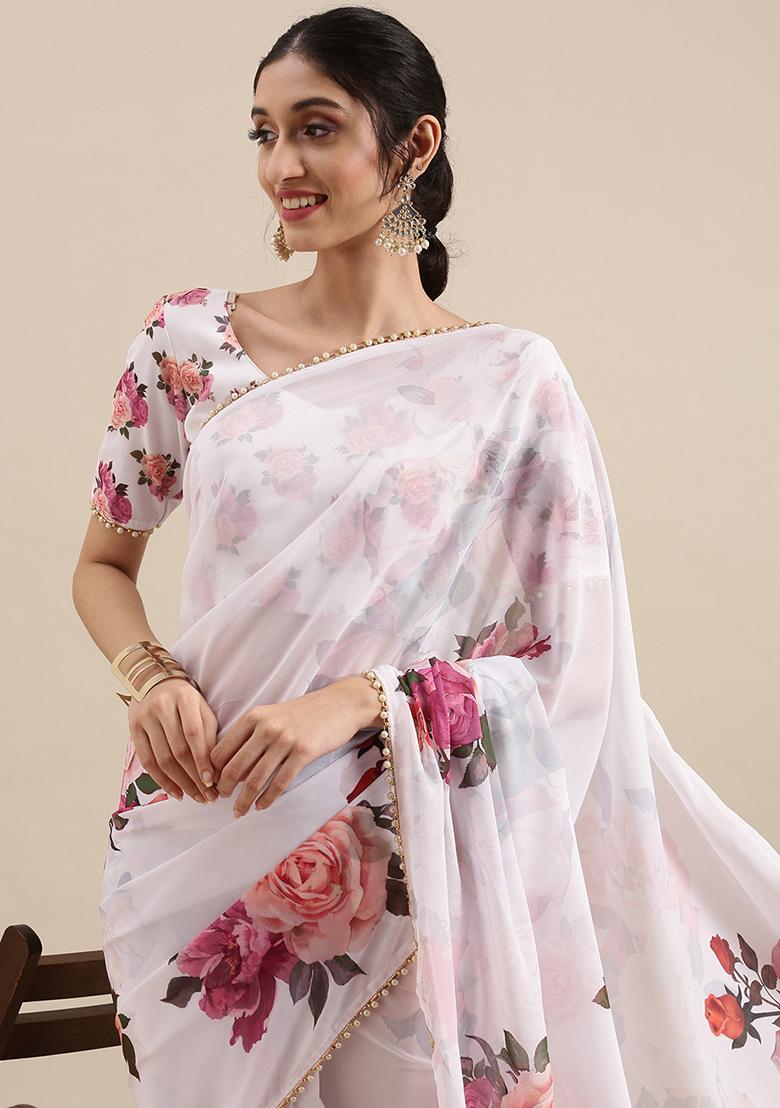 Buy Women White Floral Print Georgette Saree With Blouse - XSR00894 ...