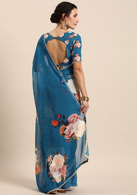 Buy Women Firozi Blue Floral Print Georgette Saree With Blouse ...