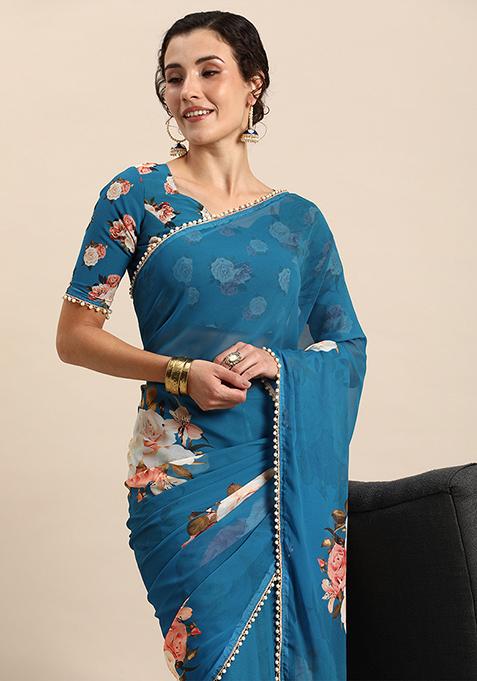 Buy Women Firozi Blue Floral Print Georgette Saree With Blouse ...