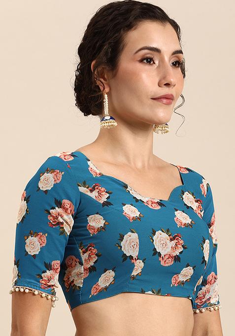 Buy Women Firozi Blue Floral Print Georgette Saree With Blouse ...