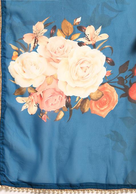 Buy Women Firozi Blue Floral Print Georgette Saree With Blouse ...