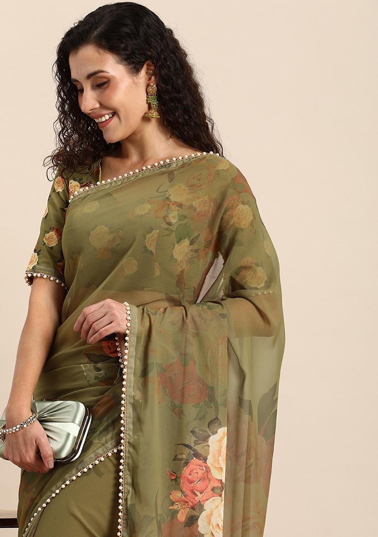 Buy Women Mehendi Green Floral Print Georgette Saree With Blouse ...