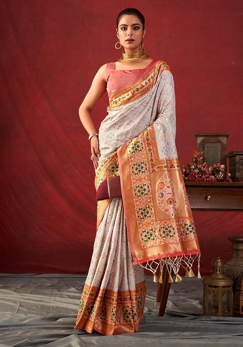 Buy Women White Zari Woven Print Paithani Silk Saree Set - XSR01144 ...