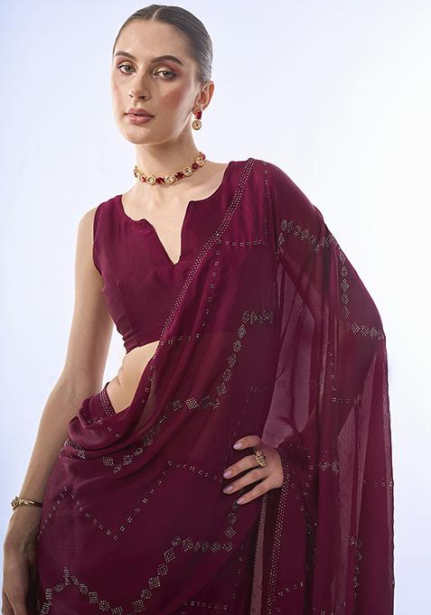 Buy Women Maroon Mukaish Work Pure Chiffon Saree - XSR01396 - Mordern ...
