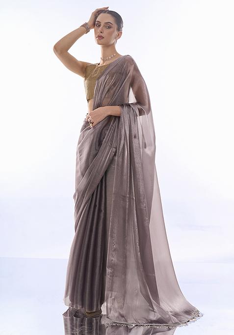 Buy Women Metallic Grey Sequin Embellished Tissue Organza Saree ...