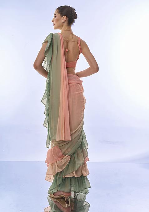 Buy Women Peach Ruffled Pre-Stitched Pure Chiffon Saree - XSR01408 ...