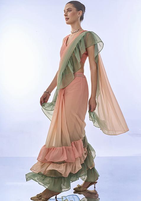 Buy Women Peach Ruffled Pre-Stitched Pure Chiffon Saree - XSR01408 ...