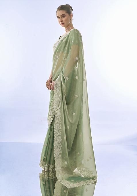 Buy Women Sea Green Thread Sequin Embroidered Pure Chiffon Saree ...