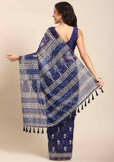 Buy Women Blue Block Print Cotton Saree Set - Sarees - Indya