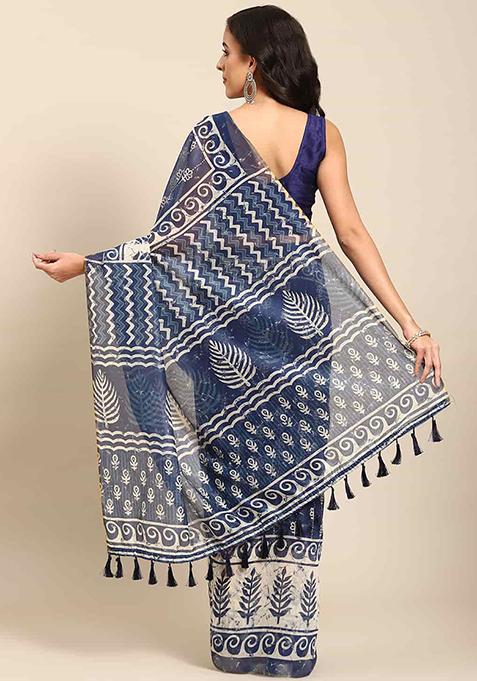 Buy Women Dark Blue Digital Block Print Cotton Saree Set - XSR01516 ...
