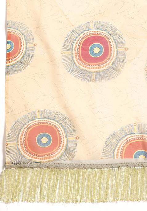 Buy Women Beige Geometric Digital Print Fringe Soft Silk Saree Set ...
