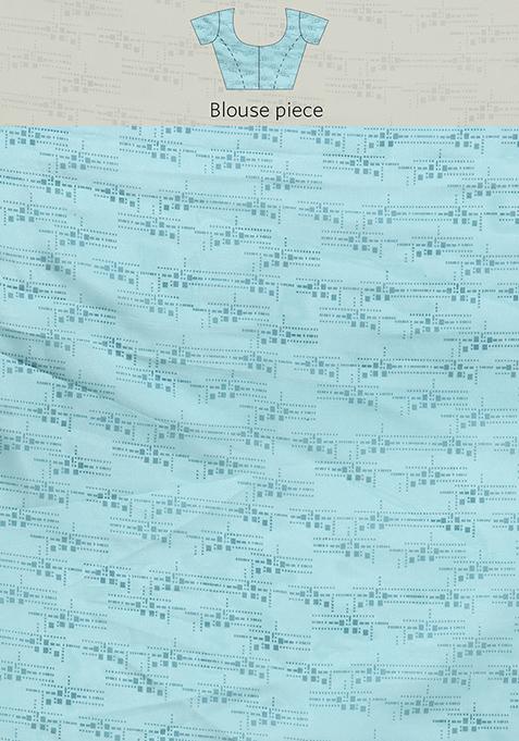 Buy Women Turquoise Geometric Digital Print Fringe Soft Silk Saree Set ...