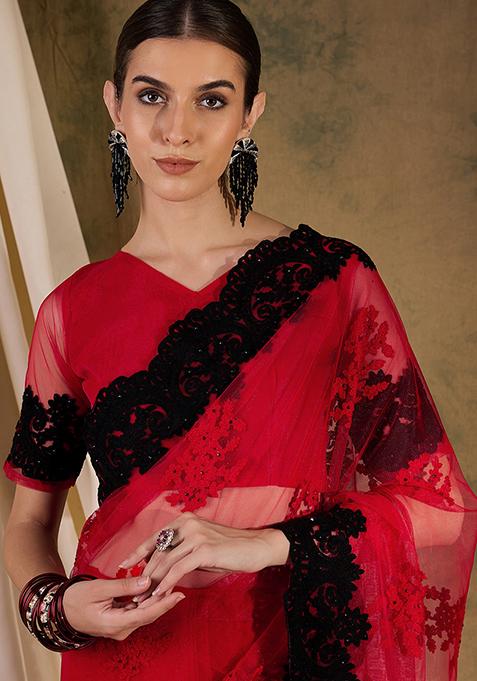 Buy Women Red Heavy Embroidered Net Saree Set - XSR02481 - Saree - Indya