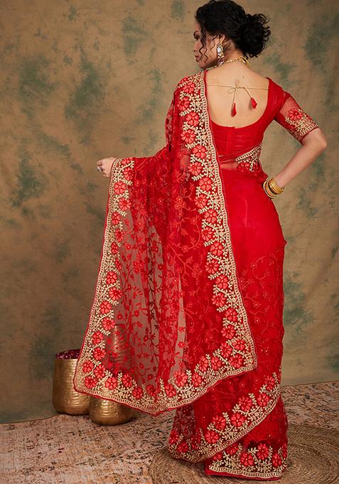 Buy Women Red Heavy Embroidered Boota Work Net Saree Set - XSR02482 ...