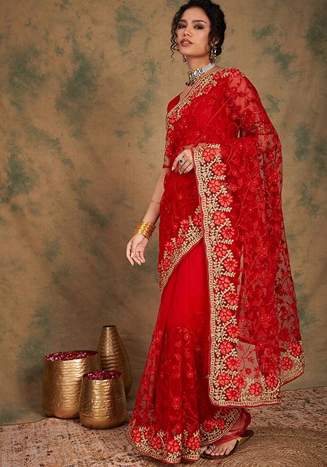 Buy Women Red Heavy Embroidered Boota Work Net Saree Set - XSR02482 ...