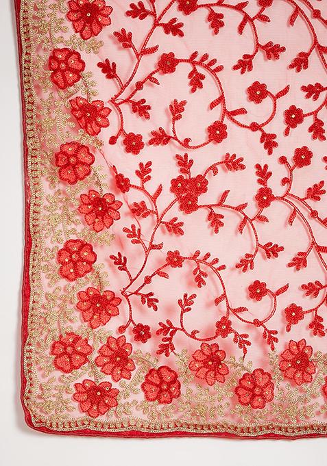 Buy Women Red Heavy Embroidered Boota Work Net Saree Set - XSR02482 ...