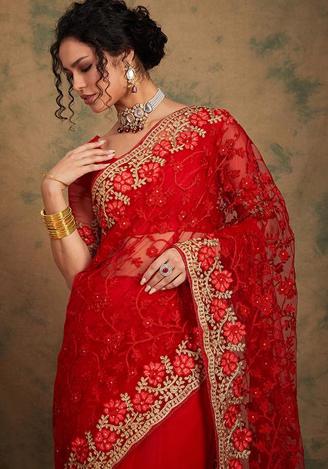 Buy Women Red Heavy Embroidered Boota Work Net Saree Set - XSR02482 ...