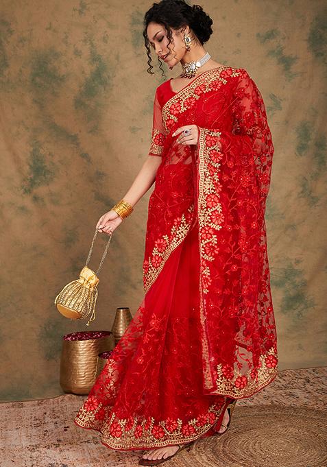 Buy Women Red Heavy Embroidered Boota Work Net Saree Set - XSR02482 ...
