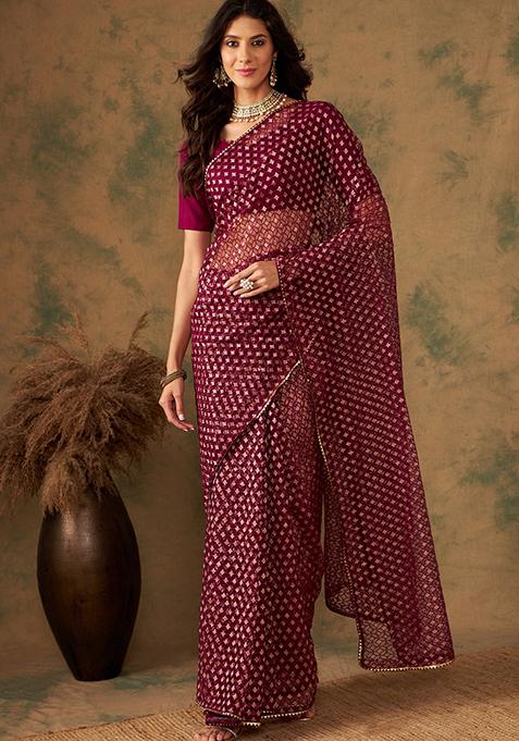 Buy Women Wine Zari Woven Work Heavy Net Saree Set - XSR02565 - Plus ...