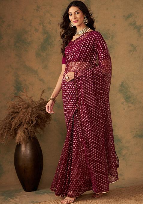 Buy Women Wine Zari Woven Work Heavy Net Saree Set - XSR02565 - Plus ...