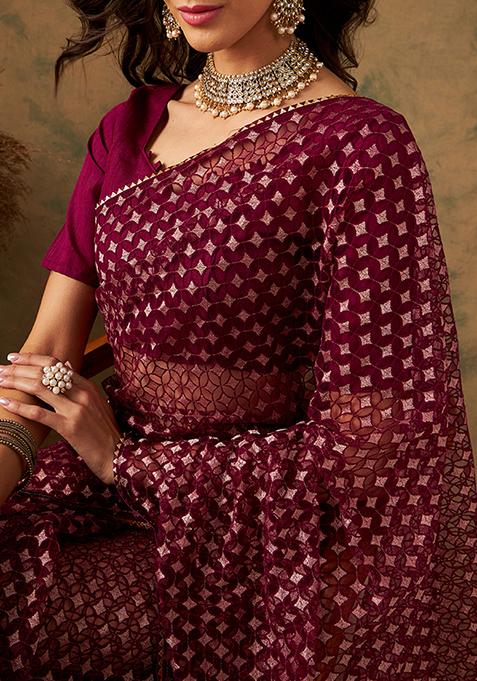 Buy Women Wine Zari Woven Work Heavy Net Saree Set - XSR02565 - Plus ...