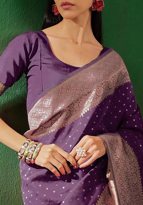 Buy Women Purple Woven Booti Work Banarasi Silk Saree Set - XSR02615 ...