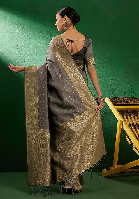 Buy Women Grey Woven Booti Work Banarasi Silk Saree Set - XSR02616 ...