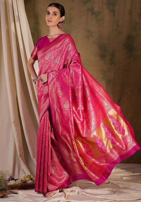 Buy Women Pink Woven Boota Jaal Work Banarasi Silk Saree Set - XSR02725 ...