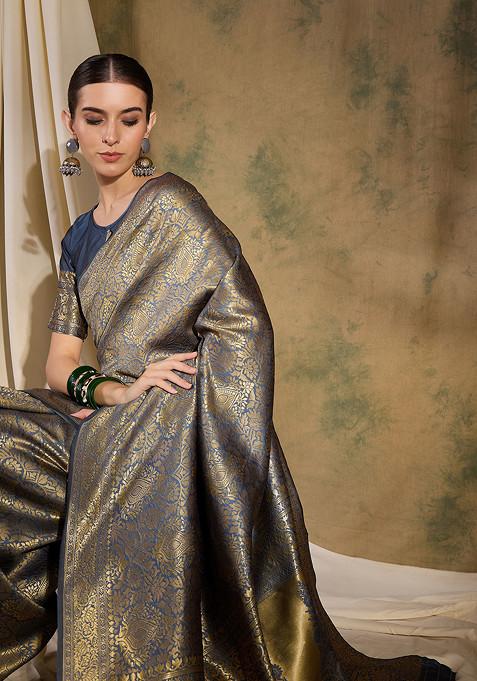 Buy Women Grey Woven Boota Jaal Work Banarasi Silk Saree Set - XSR02726 ...