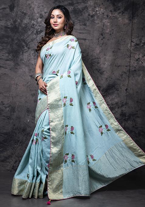 Buy Women Light Blue Embroidered Saree Set - Saree Sets - Indya