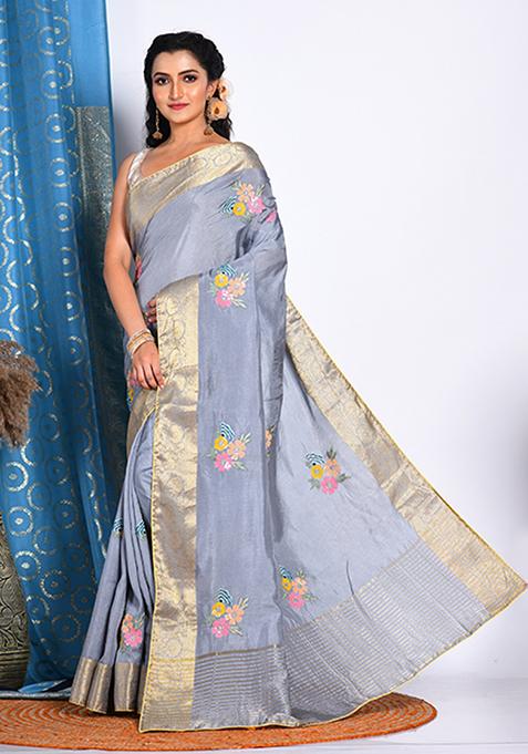 Buy Women Grey Heavy Embroidered Russian Silk Saree Set - XSR02967 ...