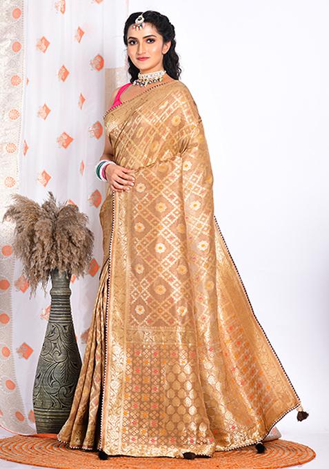 Buy Women Brown Pure Russian Silk Saree Set - XSR03040 - Plus Size ...