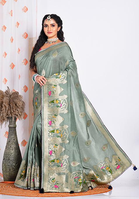 Buy Women Green Russian Silk Saree Set - XSR03042 - Silk Sarees - Indya