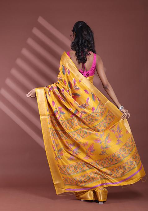 Buy Women Yellow Foliage Print Soft Silk Saree Set - XSR03169 - Silk ...