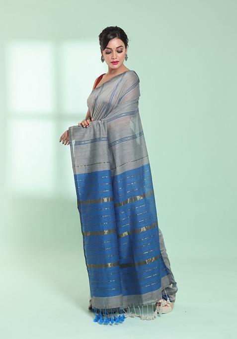 Buy Women Steel Grey Zari Striped Cotton Saree Set - XSR03269 ...